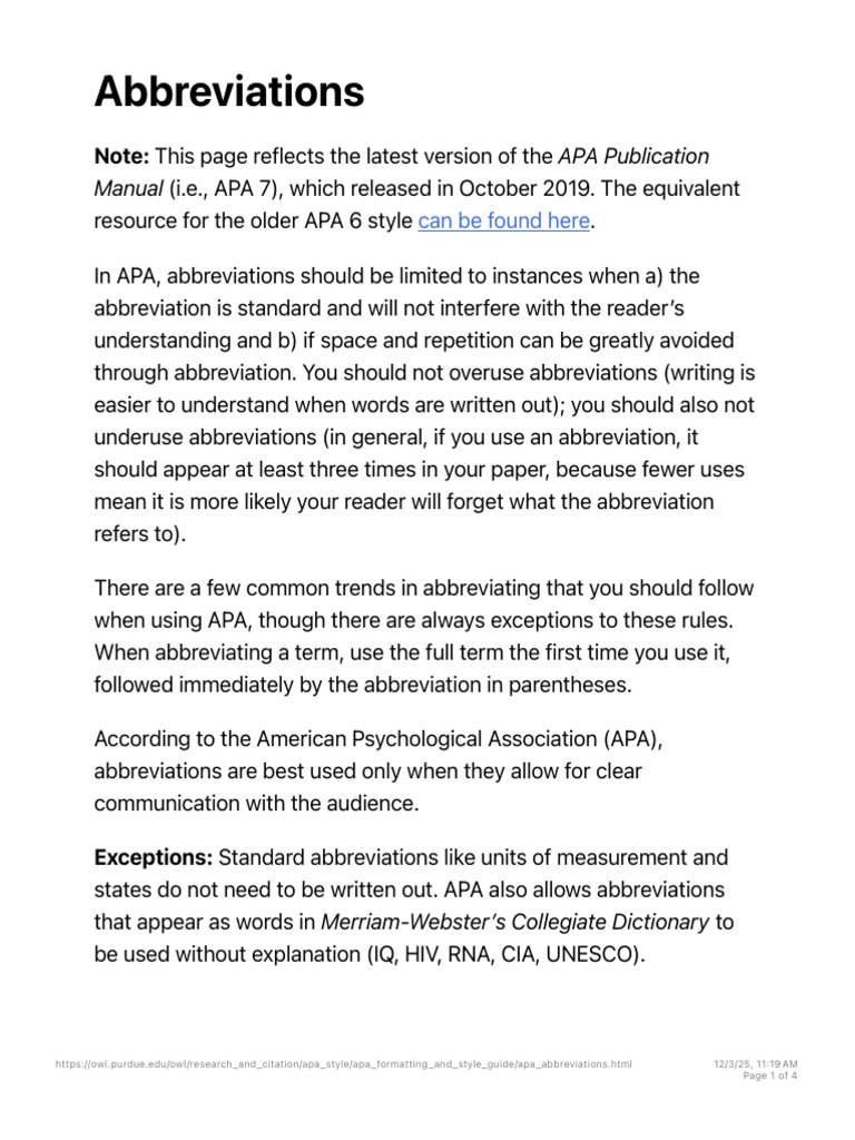 APA Abbreviations - Purdue OWL® - Purdue University | PDF | Apa Style ...