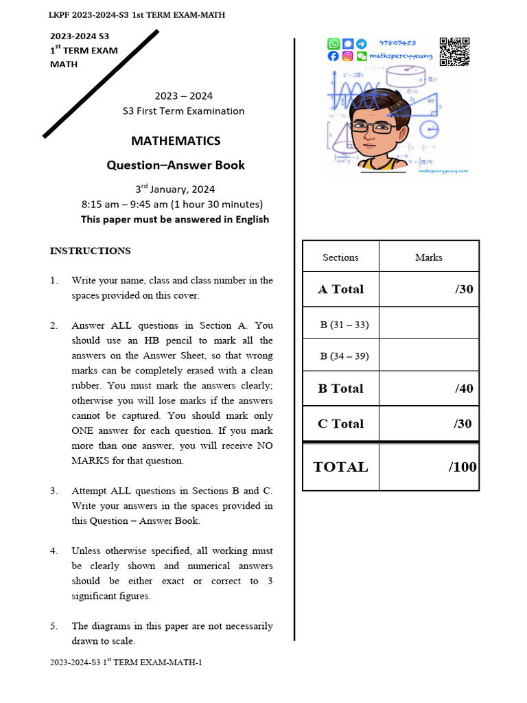 Lkpf 2023 2024 s3 1st Term Exam Math | PDF | Mathematics