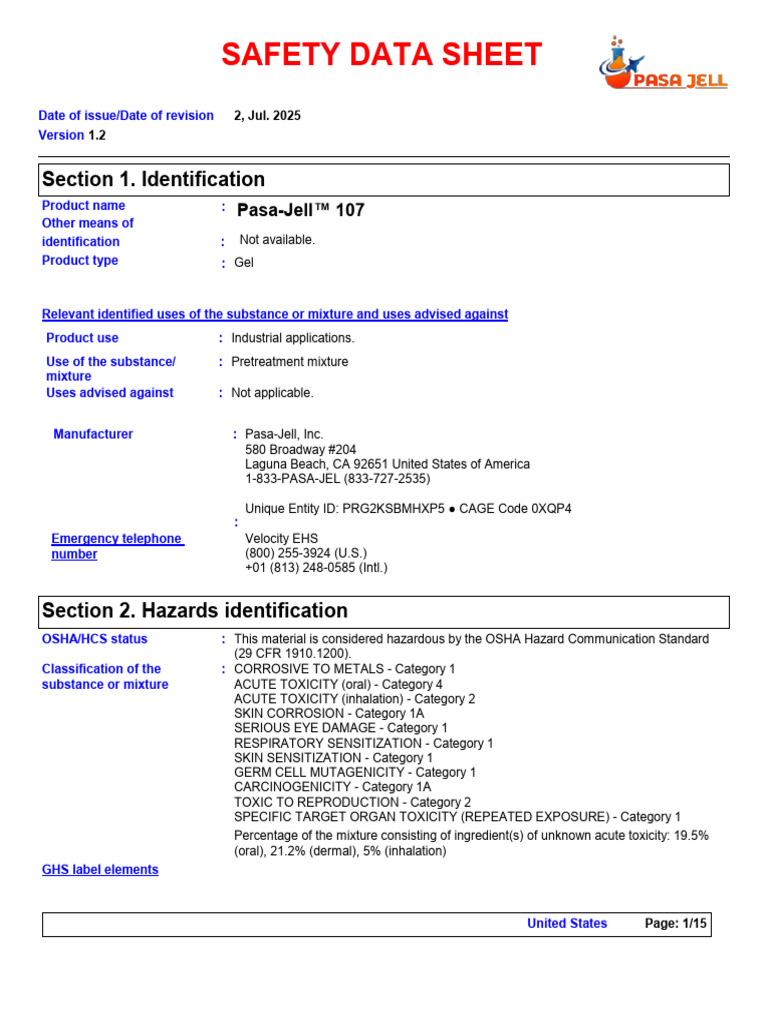 Pasa Jell 107 Us Ghs Sds 7.2.25 | PDF | Toxicity | Working Conditions