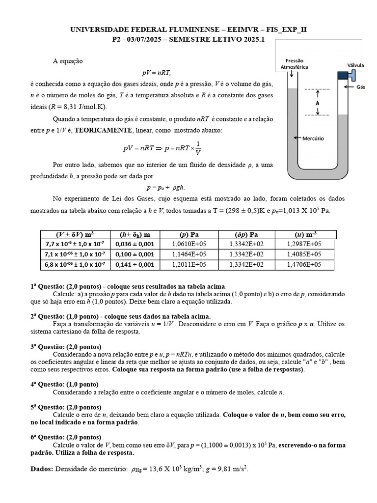 p2 2025 1 Gabarito Final | PDF | Gases | Fenômenos físicos