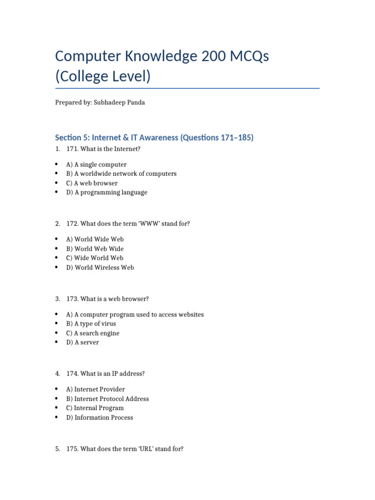Computer Knowledge Section5 Internet IT Awareness Q171-185 | PDF ...