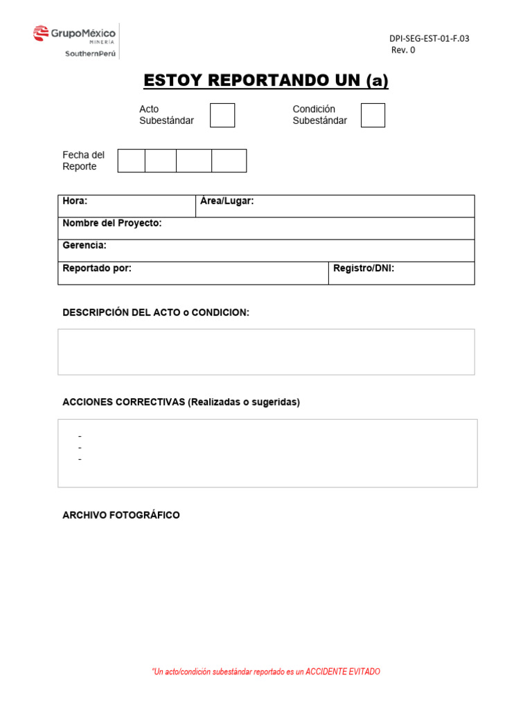 DPI SEG EST 01 F.03 Reporte de Acto Condición Sub Estándar | PDF