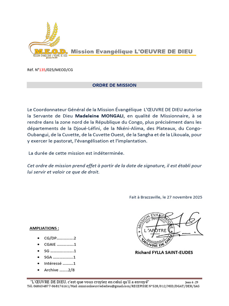 Ordre de mission pour Madeleine MONGALI | PDF
