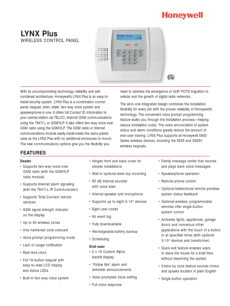 Honeywell l3000 Data Sheet | PDF | Security Alarm | Wireless