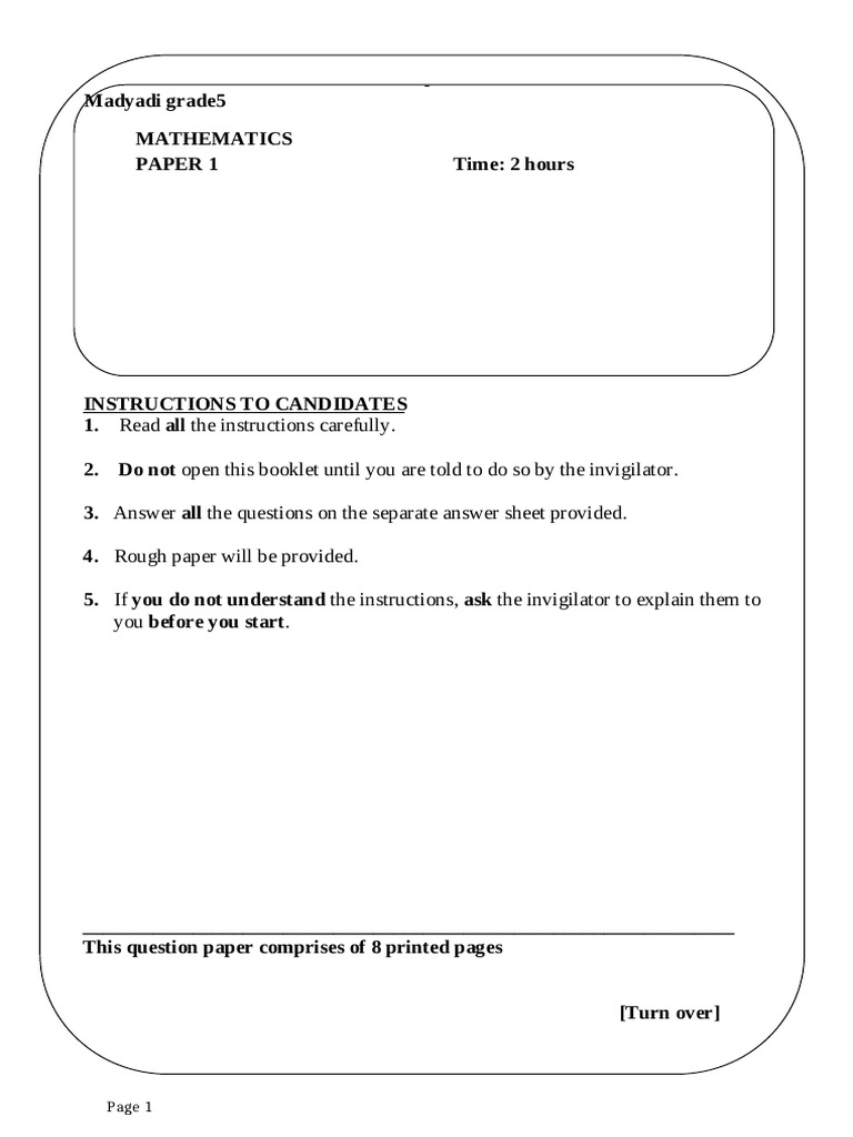 Grade 5 Mathematics Exam Paper | PDF | Elementary Geometry