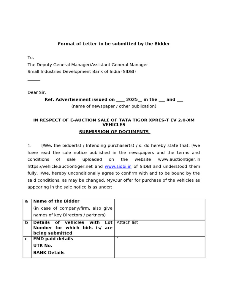 Bidder Letter Format for SIDBI Auction | PDF