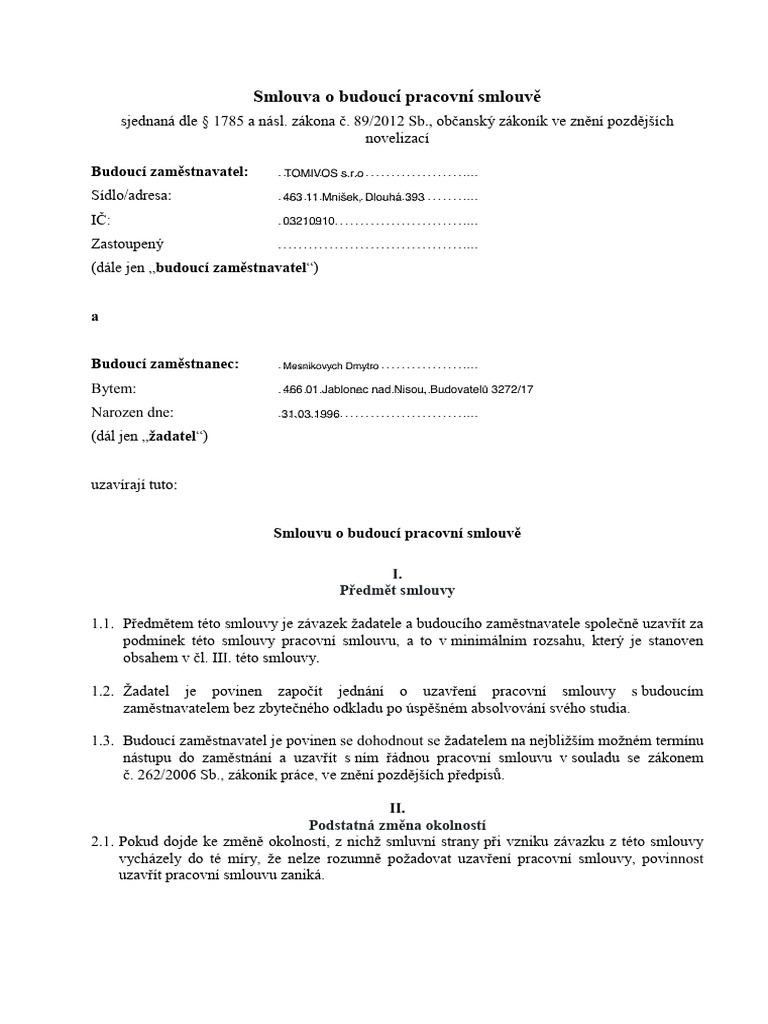 Smlouva o Budouci Pracovni Smlouve | PDF