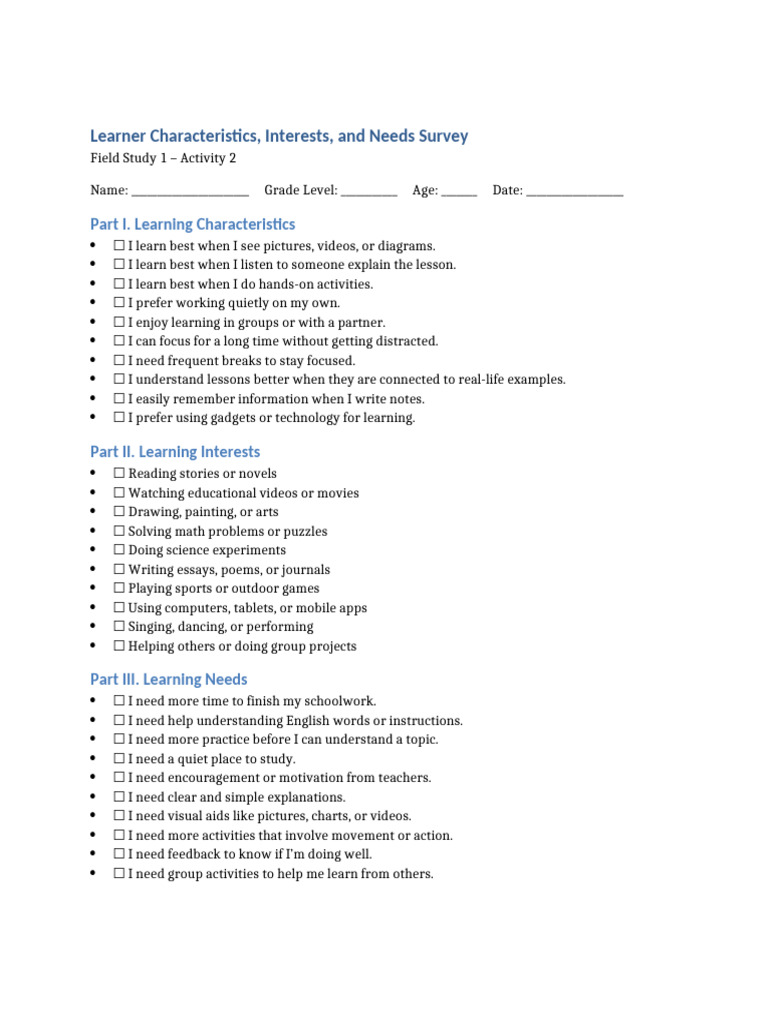 Learner Characteristics and Needs Survey | PDF