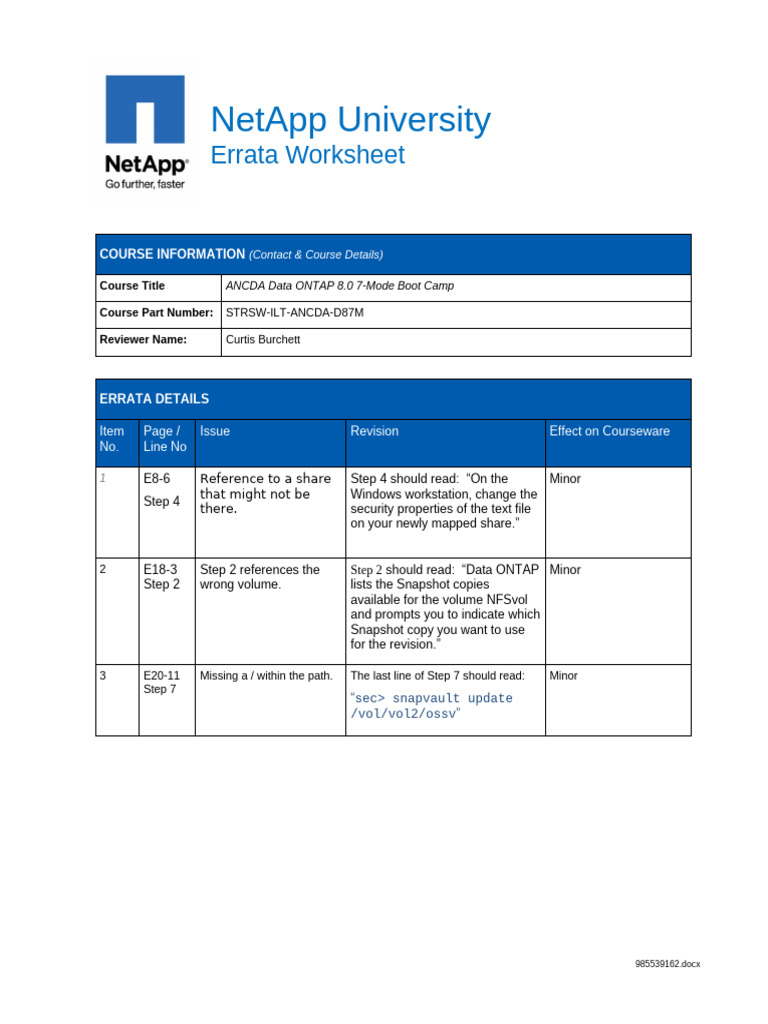 ANCDA Data ONTAP 8.0 Boot Camp Errata | PDF