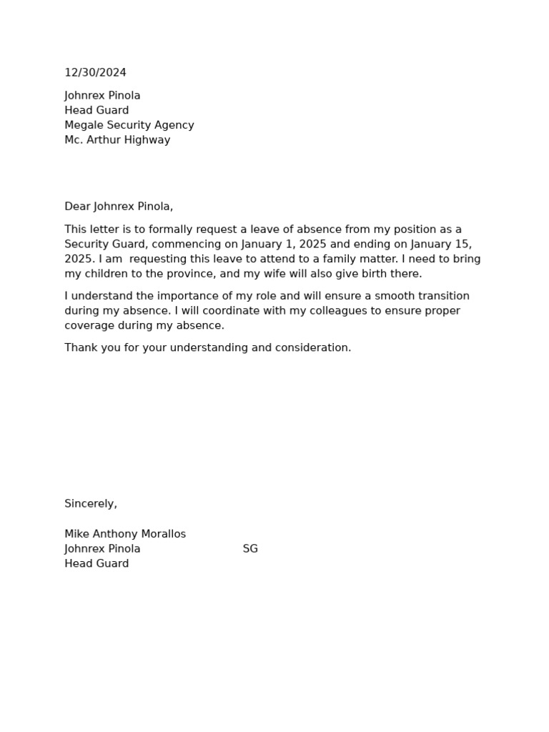 Security Guard Leave Request Letter | PDF