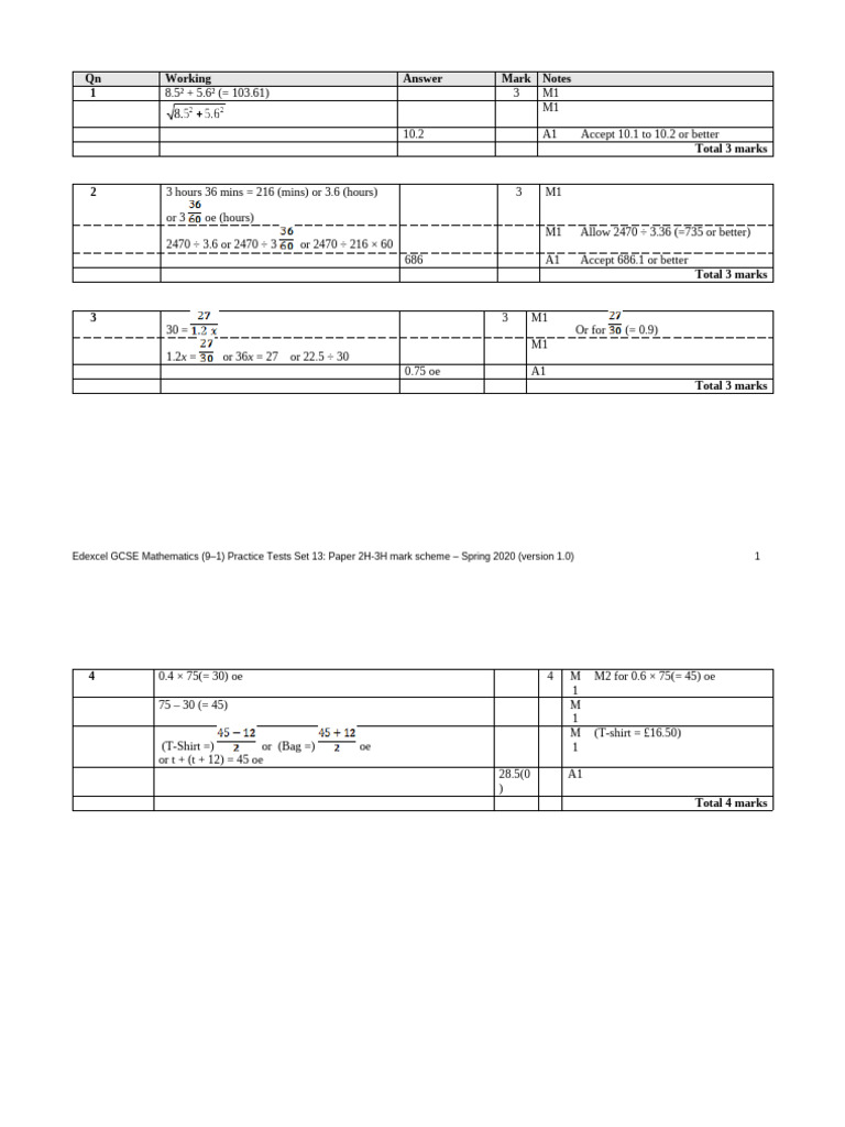 Edexcel GCSE Maths Practice Test Mark Scheme | PDF | Elementary ...