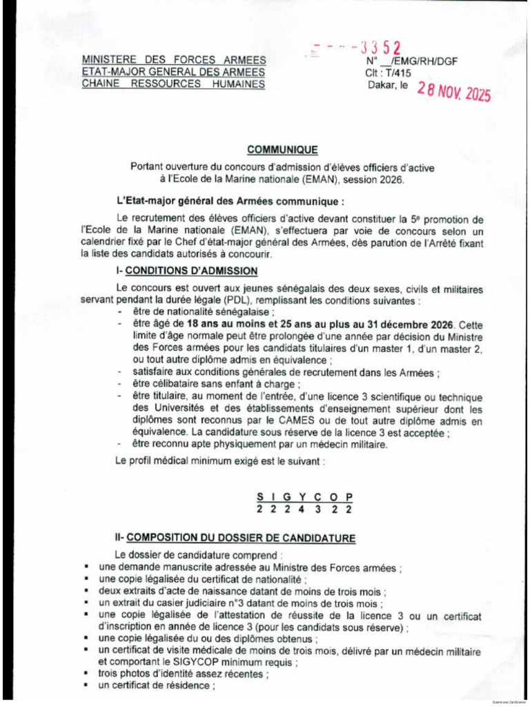 Communique Ouverture Concours Officier Eman 2026 | PDF