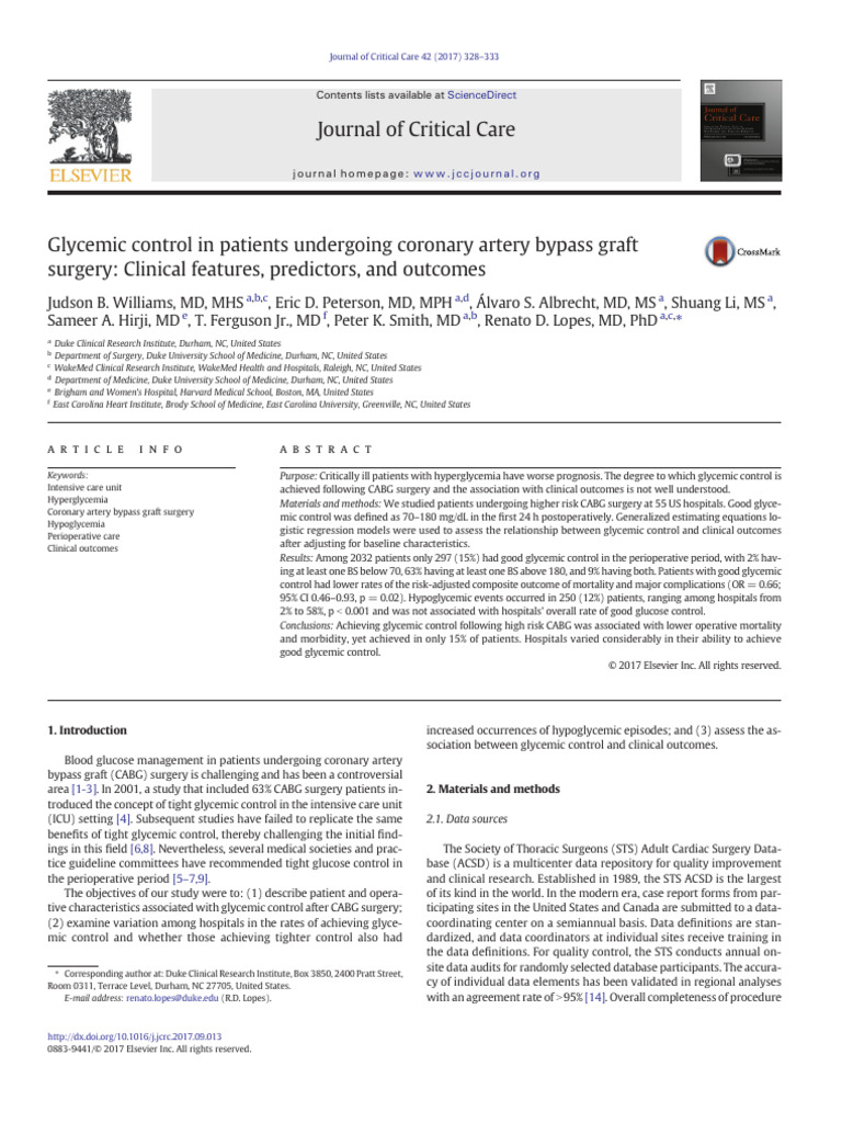 Glycemic Control in Patients Undergoing Coronary Artery Bypass Graft ...