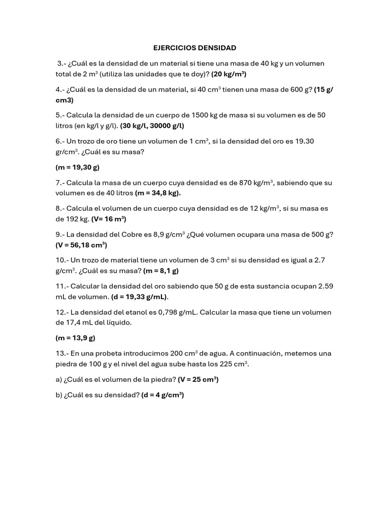 Ejercicios de Cálculo de Densidad | PDF