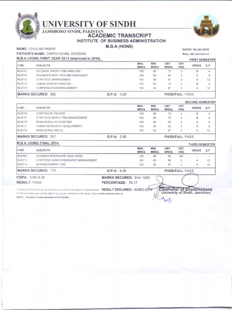 Mba Transcript | PDF