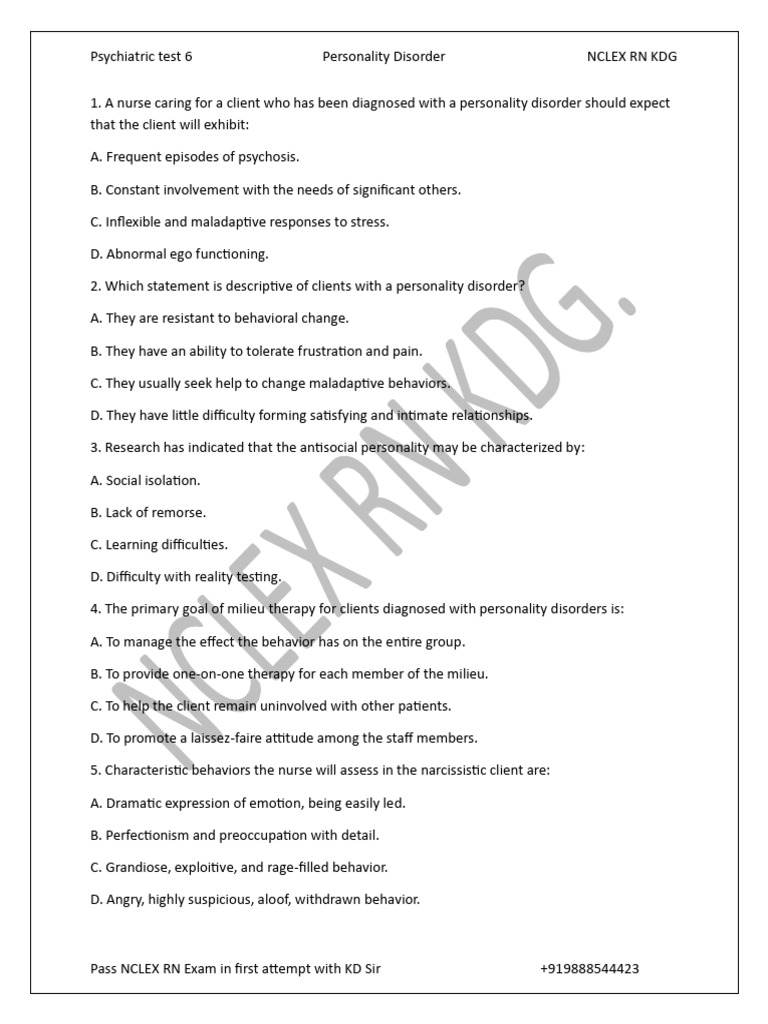 NCLEX RN Personality Disorder Practice Test | PDF | Personality ...
