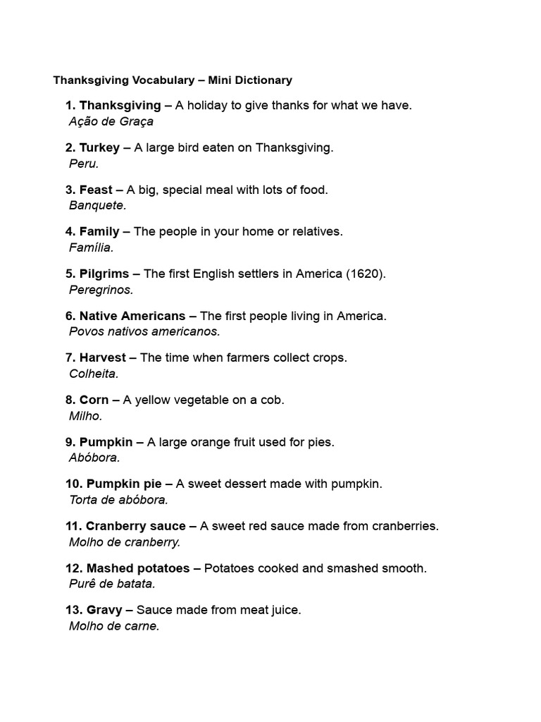 Thanksgiving Vocabulary Mini Dictionary | PDF | Turkey Meat | Thanksgiving