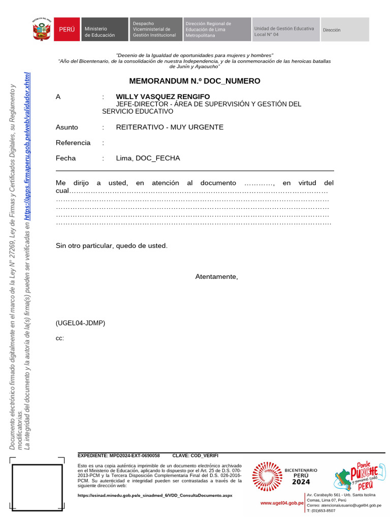 Memorandum 00000 2024 Minedu Vmgi Drelm Ugel04 Dir 29595192 | PDF