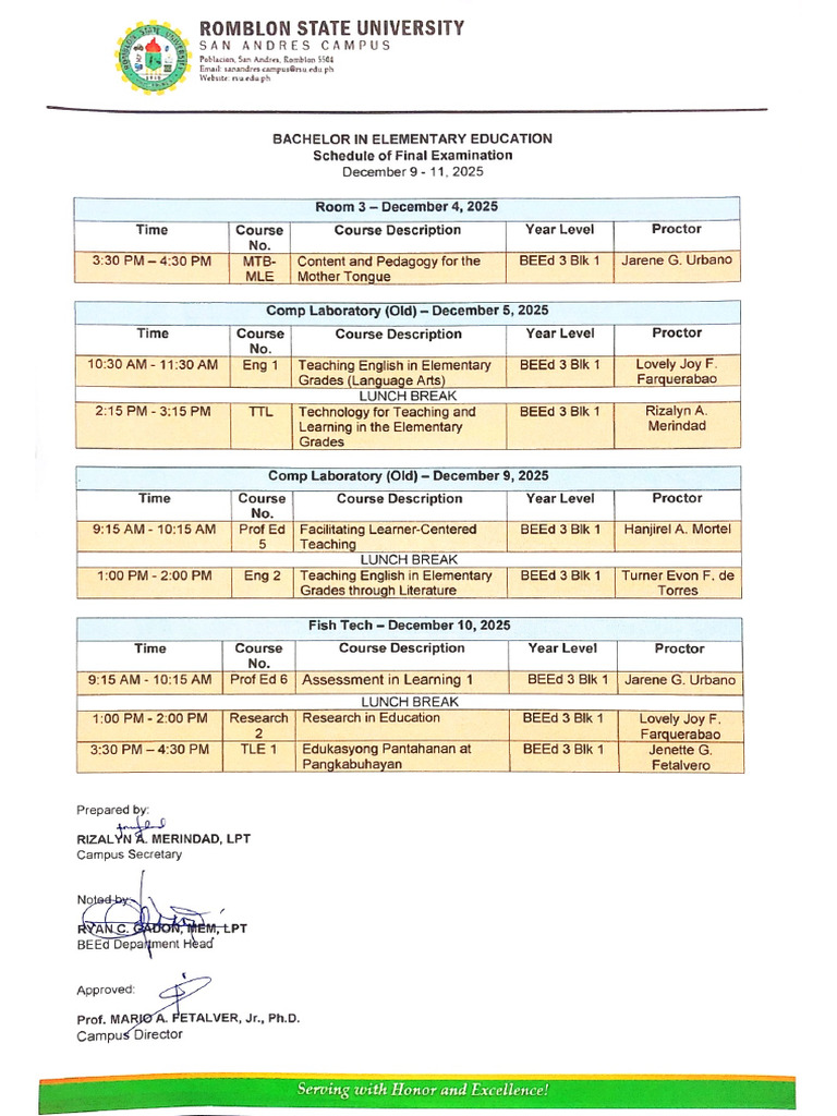 BEEd Final Exam Schedule | PDF