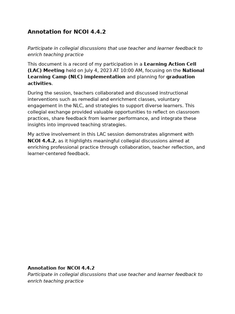 Annotation Reflection for Ncoi 4.4.2 | PDF | Learning | Teachers