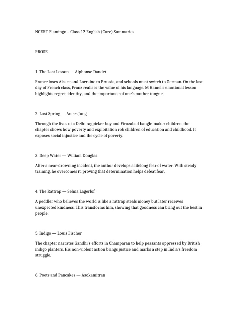Class 12 English Flamingo Summaries | PDF