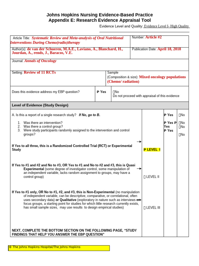 Article 2- Appendix E Evidence Appraisal Tool | PDF | Systematic Review | Meta Analysis