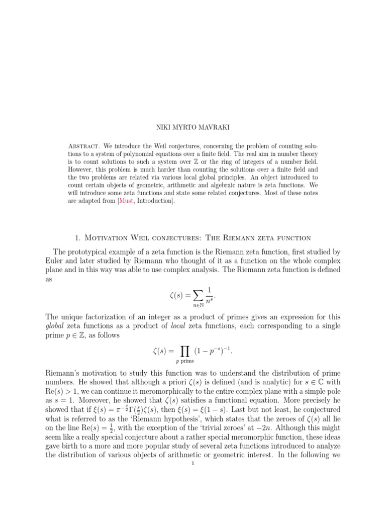 Motivation Weil Conjectures. The Riemann Zeta Function | PDF | Field ...