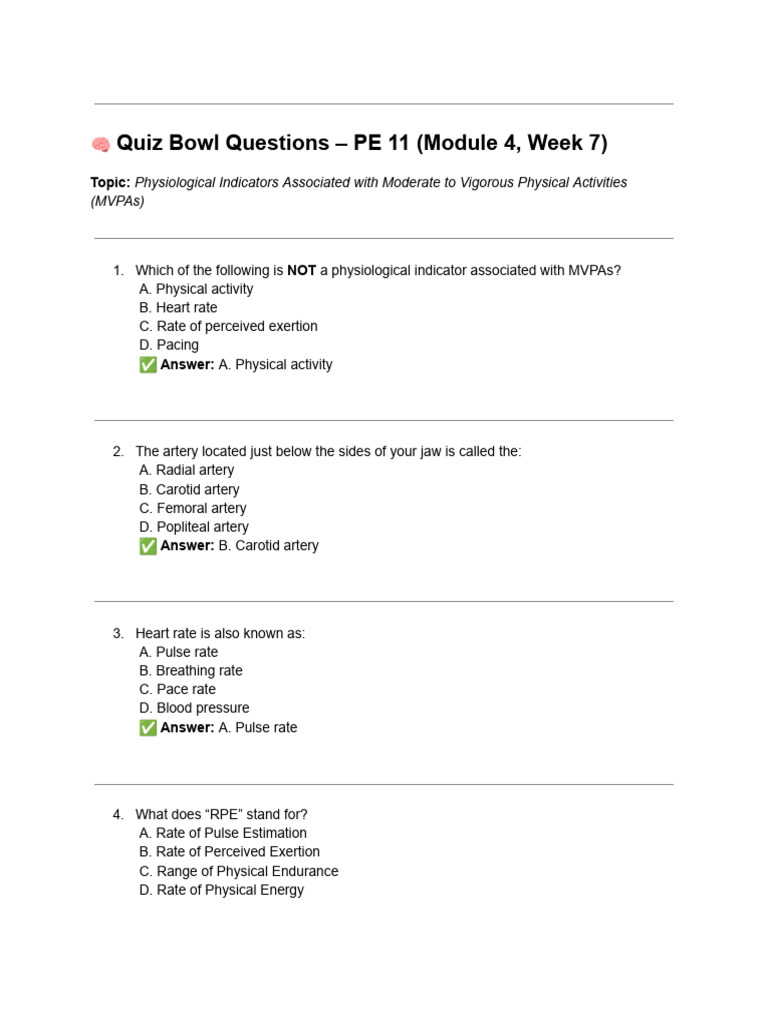 PE 11 Quiz Bowl Questions | PDF | Pulse | Sunscreen