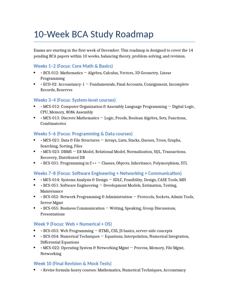 10-Week BCA Exam Study Plan | PDF