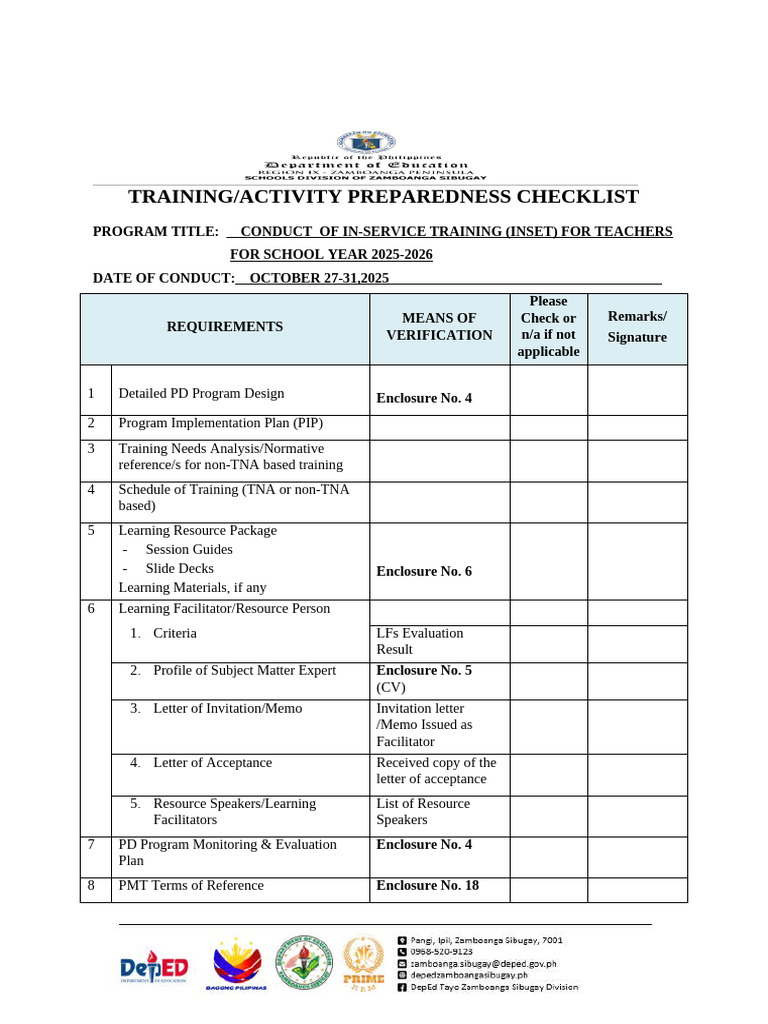 Revised Training Preparedness Checklist | PDF