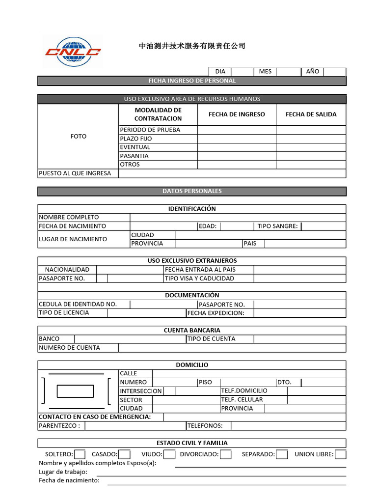 Ficha Ingreso de Personal | PDF
