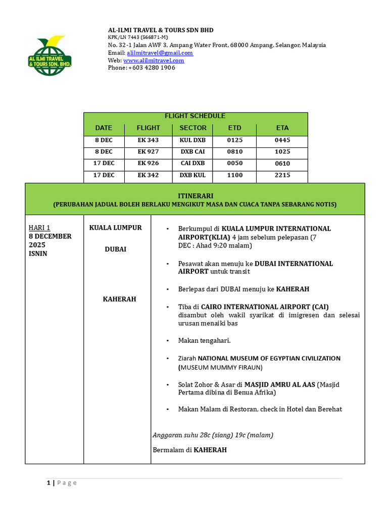 Al Ilmi Itinerary Trip Mesir 8-17 Dec 2025 | PDF