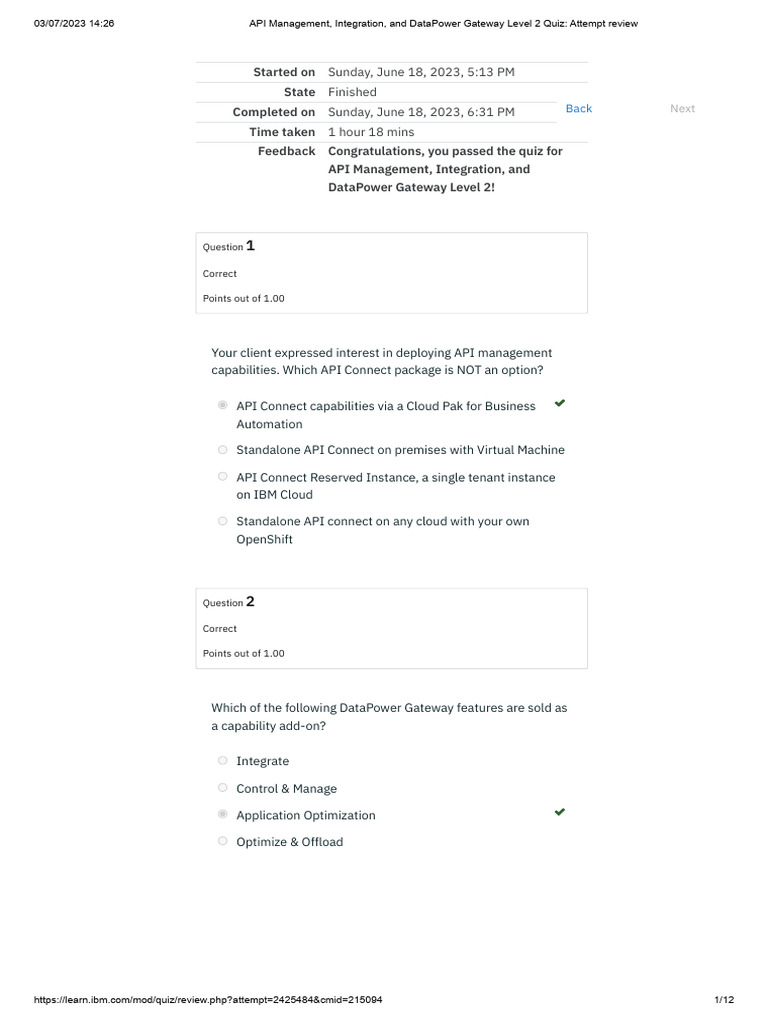 API Management, Integration, And DataPower Gateway Level 2 Quiz_ Attempt Review | PDF | Cloud ...
