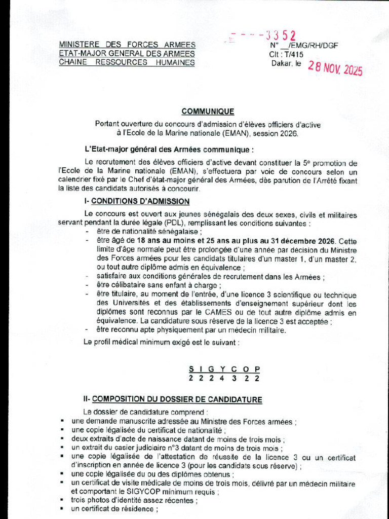 Communique Ouverture Concours Officier Eman 2026 | PDF