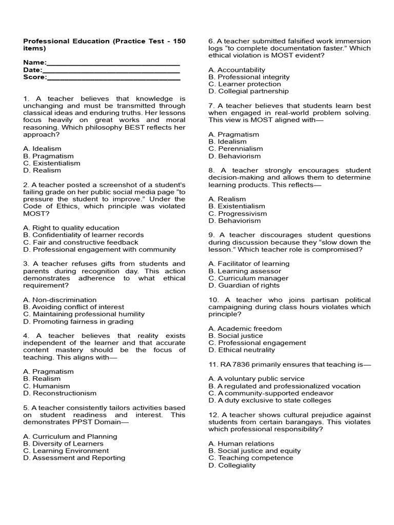 Professional Education Practice Test Guide | PDF | Learning ...