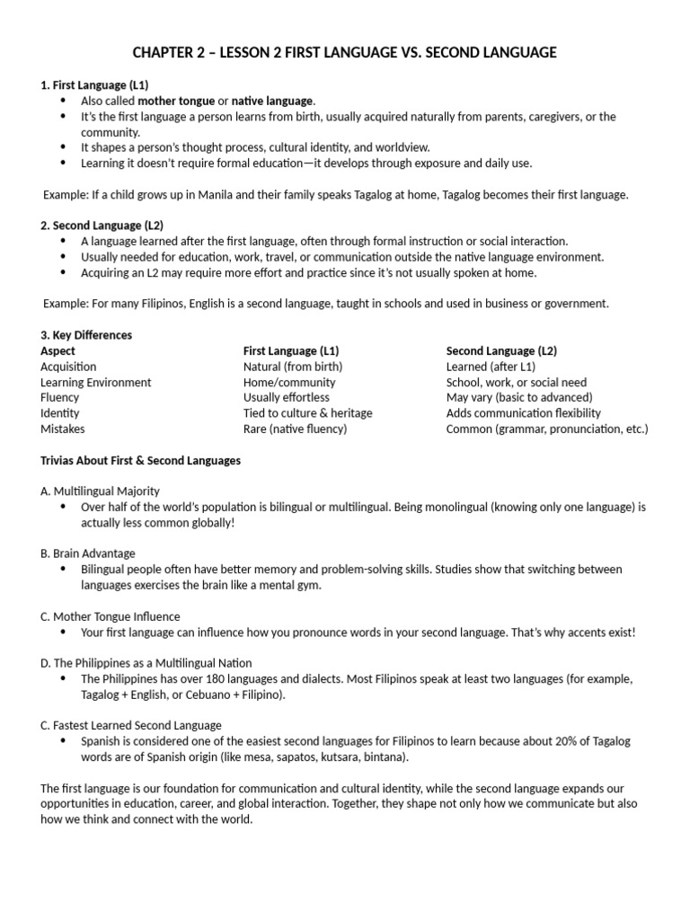 CHAPTER 1 - LESSON 2 - First Language vs. Second Language | PDF ...