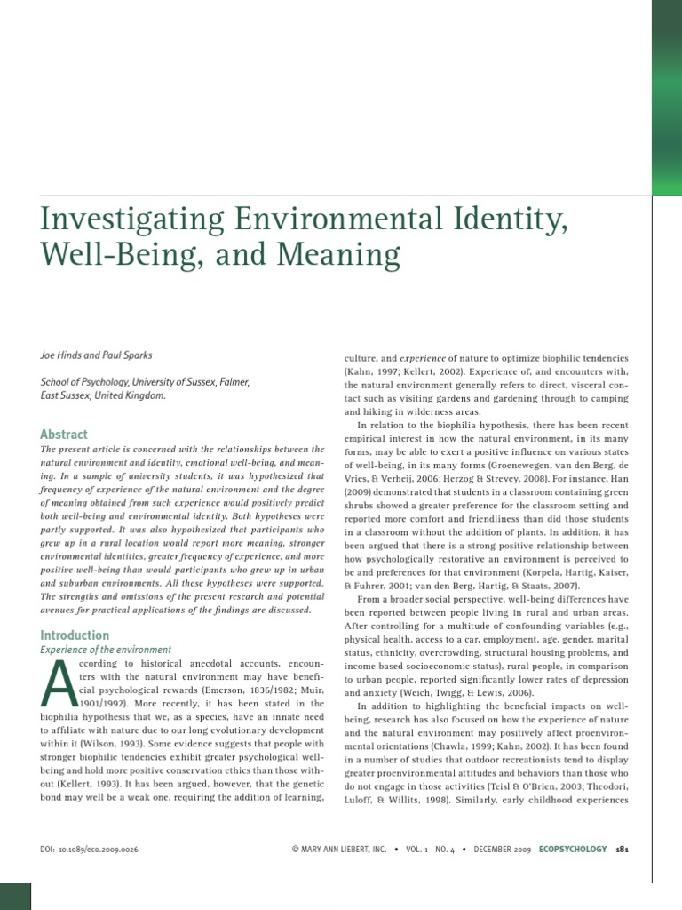 Environmental Identity, Well-Being, and Meaning | PDF | Well Being ...
