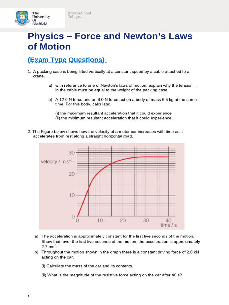 Newton's Laws and Motion Exam Questions | PDF | Force | Acceleration