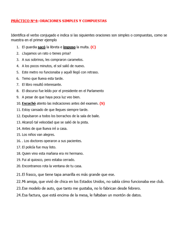Practico 4. de Oraciones Simples y Compuestas | PDF