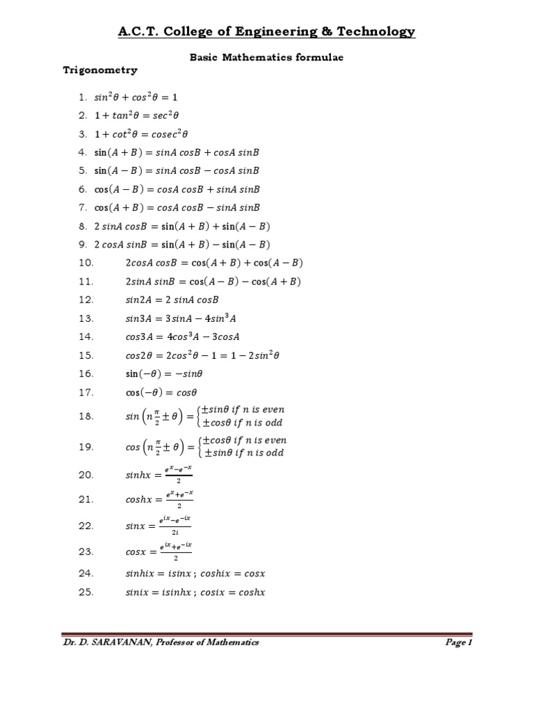 Act College Of Engineering And Technology Basic Mathematics Formulae Trigonometry Pdf 