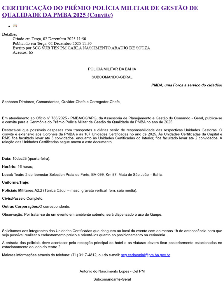 Intranet Pmba - Certificação Do Prêmio Polícia Militar de Gestão de ...