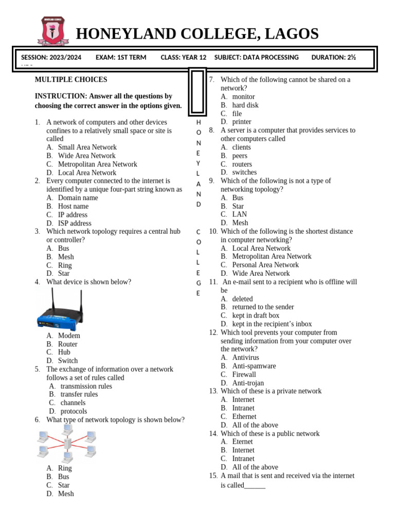 Year 12 Data Processing Exam Questions | PDF | Computer Network | Local ...