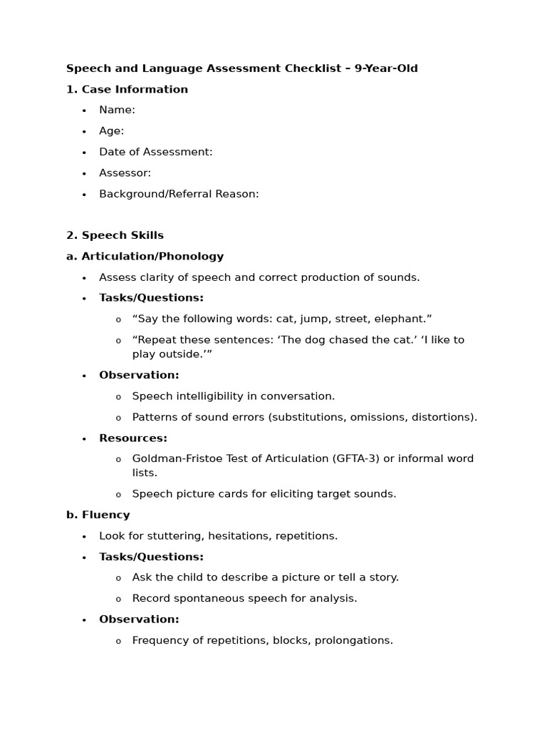 Speech Assessment Checklist for 9-Year-Olds | PDF | Speech | Fluency