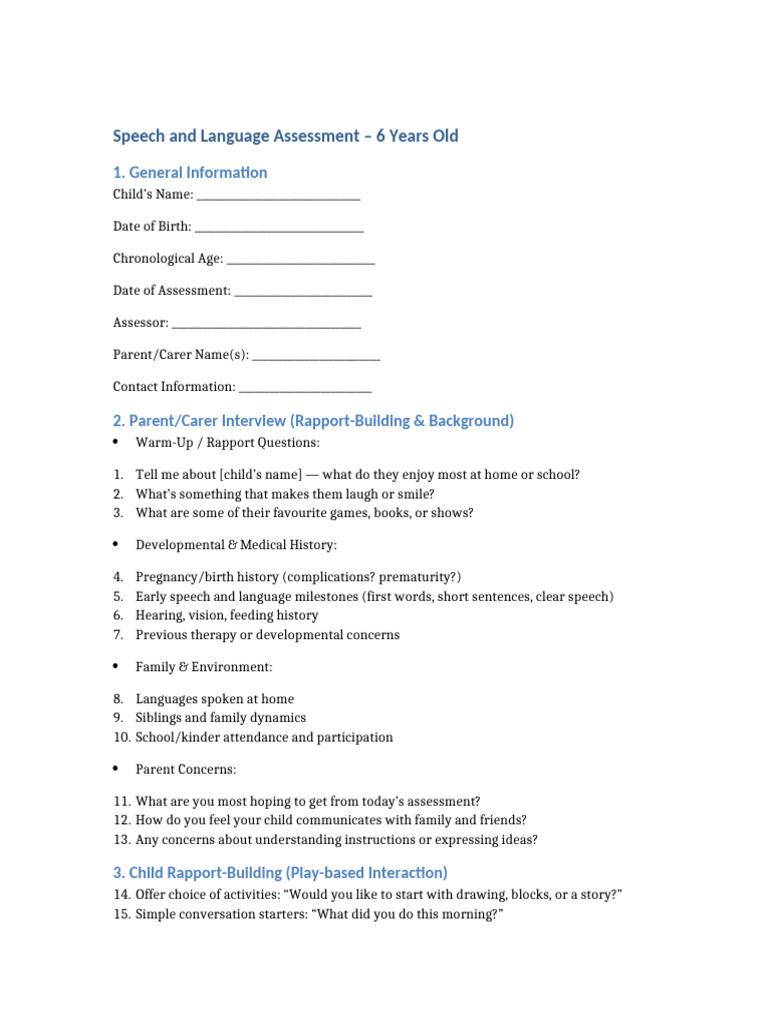 Speech Assessment Guide for 6-Year-Olds | PDF | Speech | Cognition