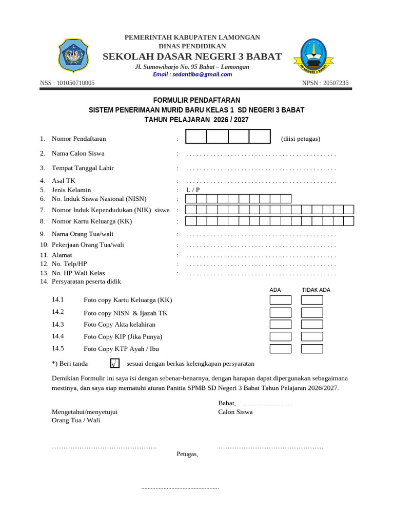 Formulir Ppdb 25-26 Sdn 3 Babat | PDF