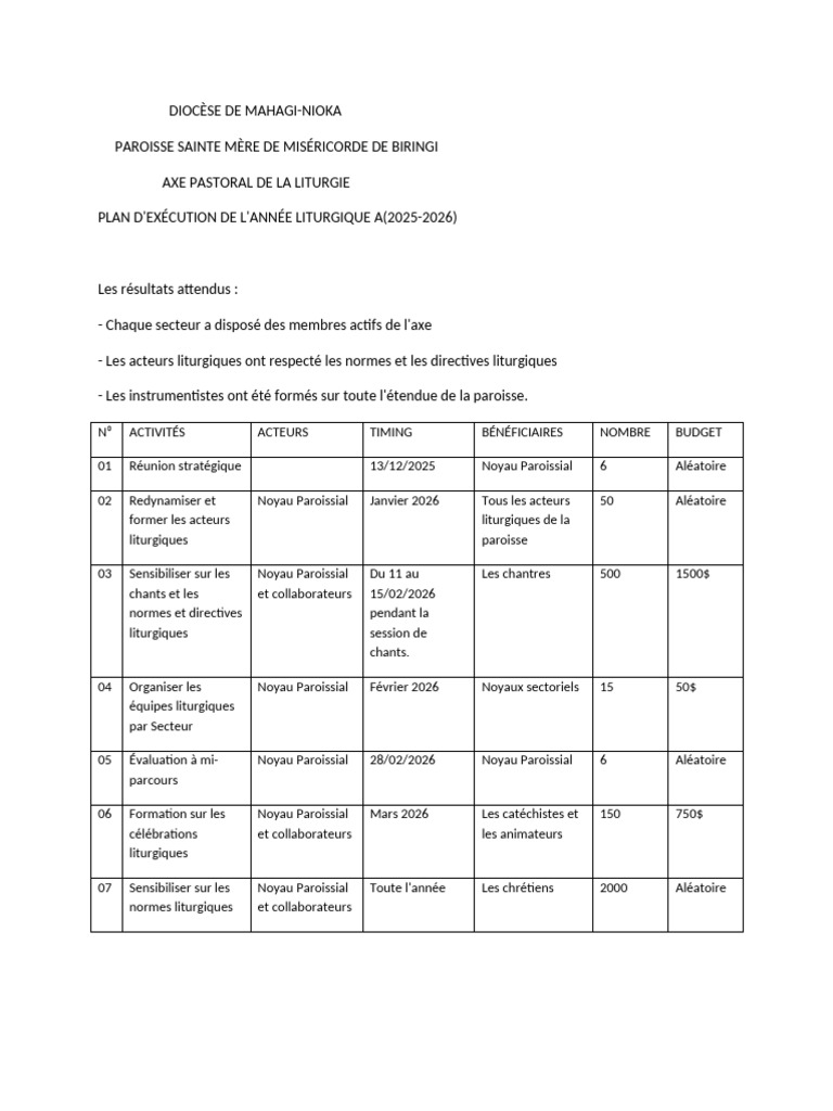Plan Liturgique 2025-2026 à Biringi | PDF | Culte | Liturgie et culte ...