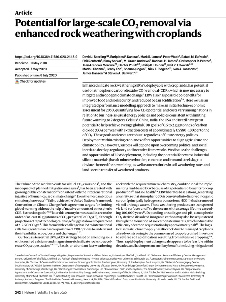 Beerling 2020 Potential For Large Scale Co2 Removal Via Enhanced Rock ...