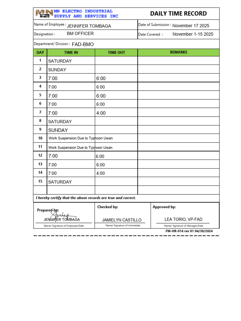 FM-HR-014 Daily Time Record (Nov 1-30 2025) | PDF