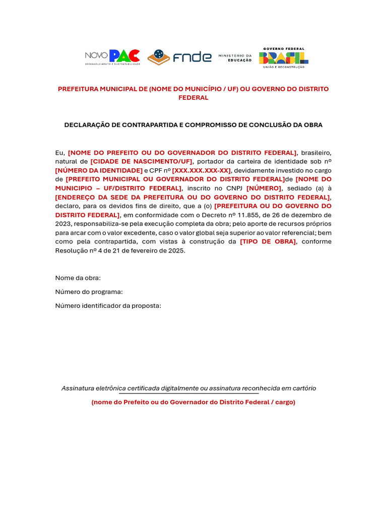 Modelo Declaracao de Contrapartida E Compromisso de Conclusao Da Obra | PDF