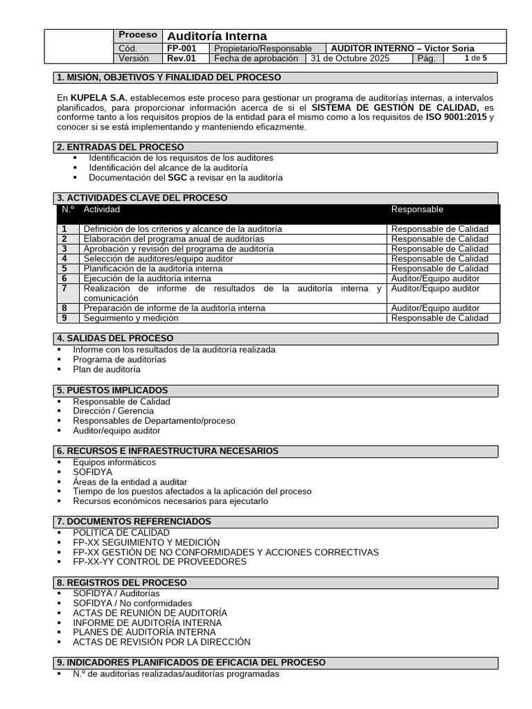 Fp-Kupela Auditoria Interna Iso 9001 | PDF | Sistema de manejo de ...